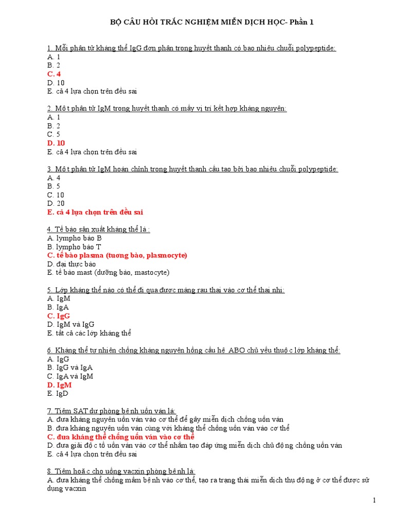 Bộ Câu Hỏi Trắc Nghiệm Miễn Dịch Học | PDF