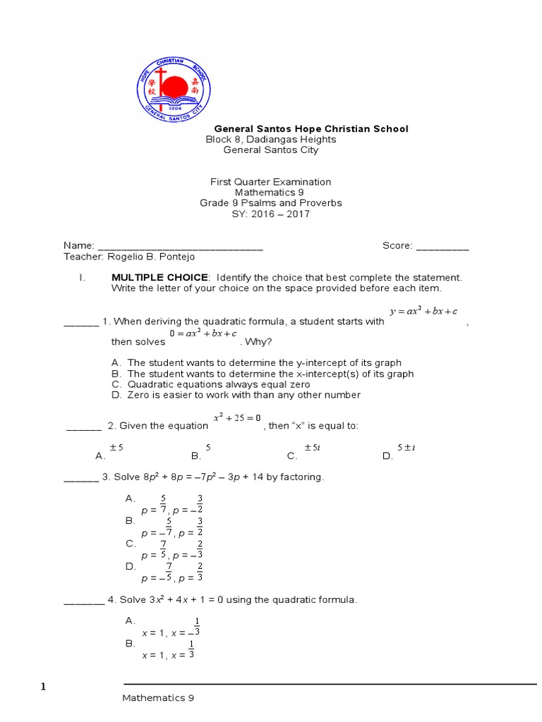 First Quarter Mathematics 9 | Download Free PDF | Quadratic Equation ...