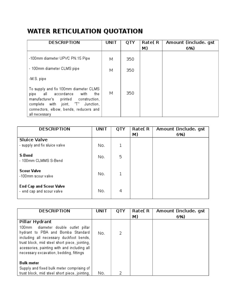 Water Reticulation Quotation | PDF