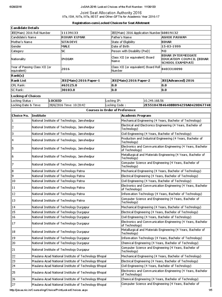 JoSAA 2016_ Locked Choices of the Roll Number- 11139133 Jee Mains ...