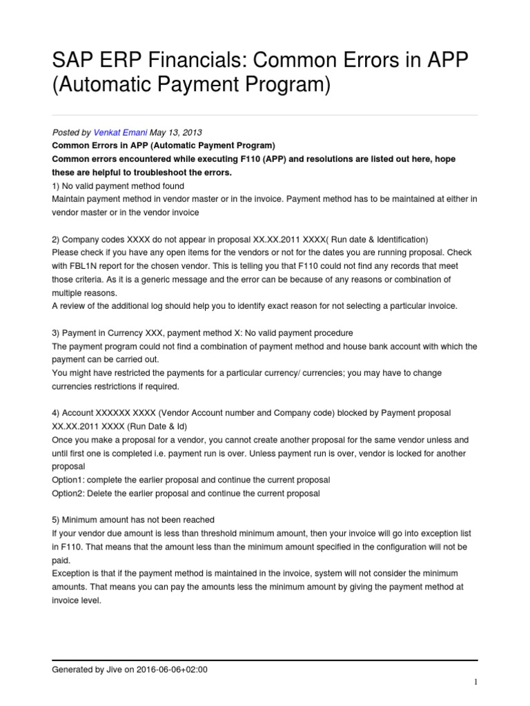 SAP ERP Financials Common Errors in APP PDF | PDF