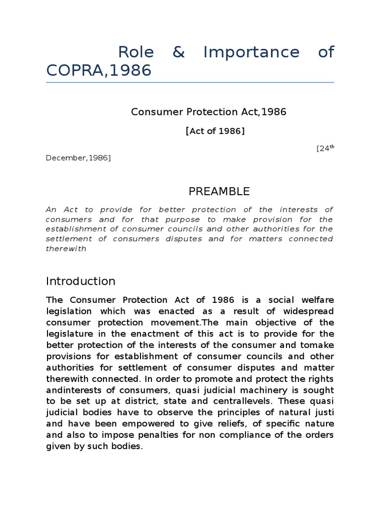 Role and Importance of COPRA, 1986 | PDF | Consumer Protection ...