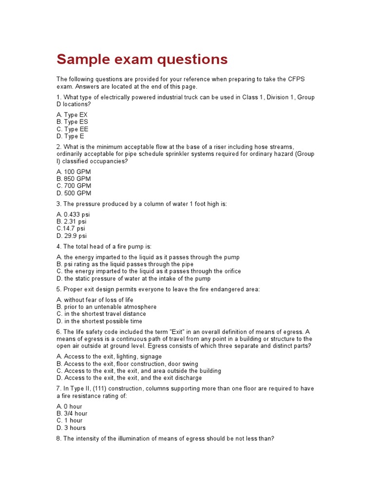 Sample Exam Questions and Answers for the Certified Fire Protection ...