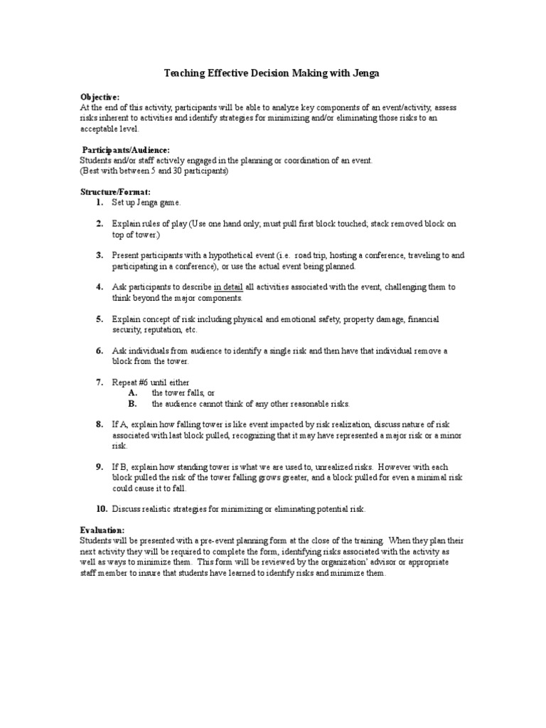 Teaching Risk Management Using Jenga Game | PDF