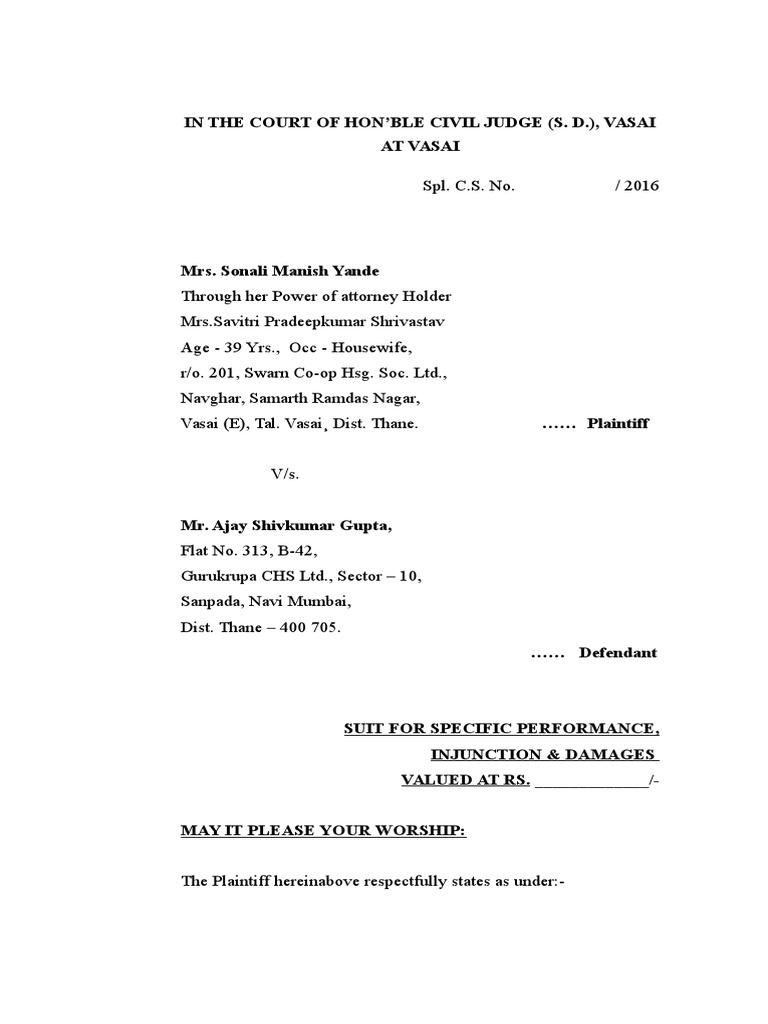 Suit For Specific Performance, Injunction & Damages - Sonali Yande | PDF | Art