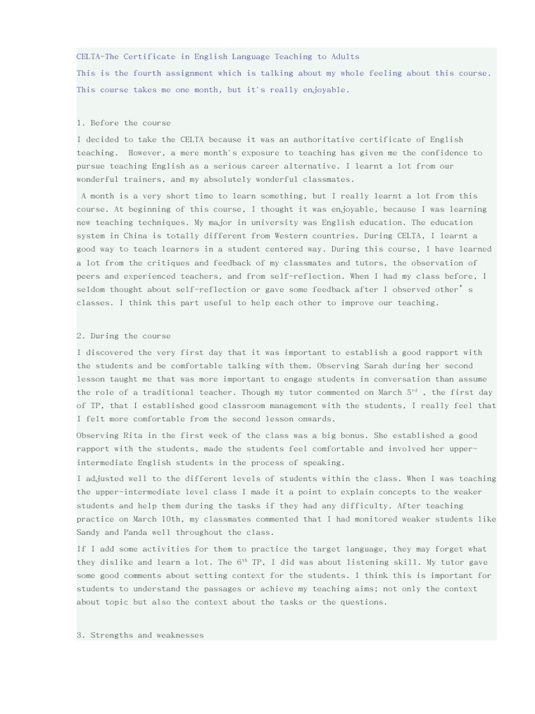 Celta Lesson From The Classroom Pdf Tutor Education Theory