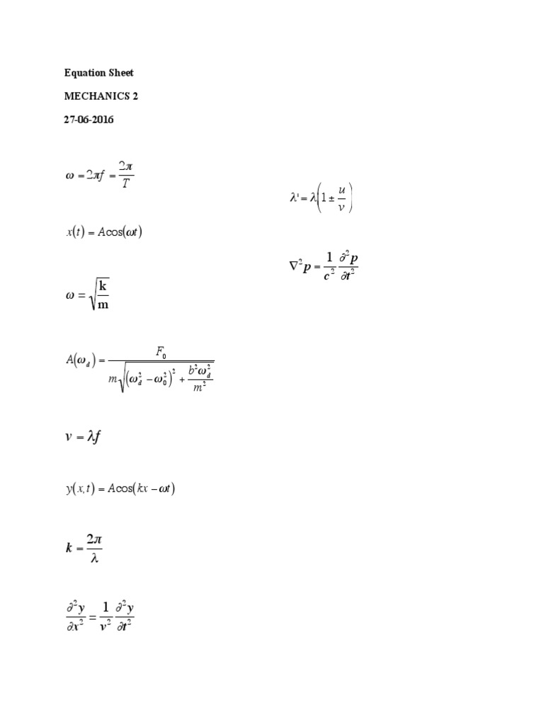Equation Sheet m2 | PDF | Teaching Methods & Materials