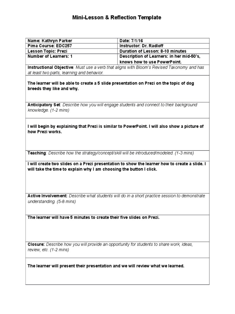 Mini Lesson Reflection Template 1 | PDF