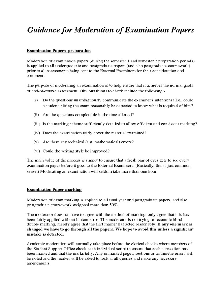 Guidance For Moderation of Examination Papers PDF | PDF | Postgraduate ...