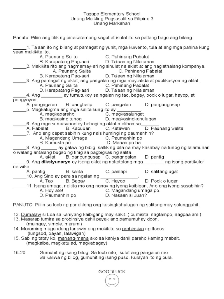 Lagumang Pagsusulit Sa FILIPINO 3 Q1 W1-4 | PDF