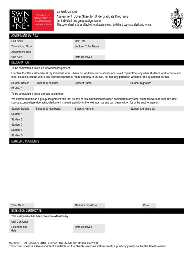 Assignment Cover Sheet For Undergraduate Programs v290216 | PDF ...