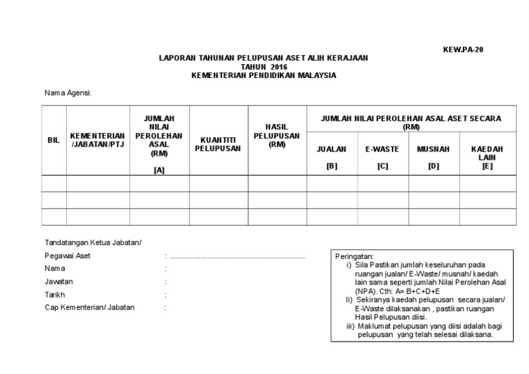 7.LAMPIRAN KEW - Pa-20 (Laporan Tahunan Pelupusan Aset Alih Kerajaan) | PDF