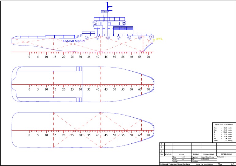 Sketch of a 50 Meter Tugboat with Dimensions and Specifications | PDF