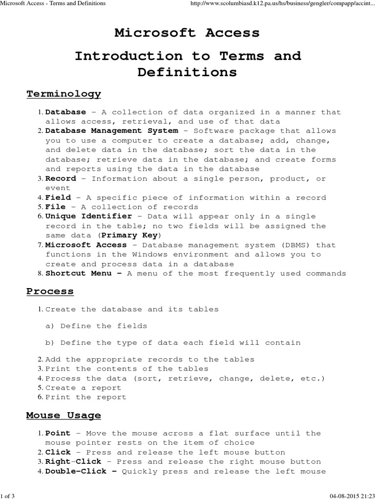 Terms and Definitions | PDF | Microsoft Access | Databases