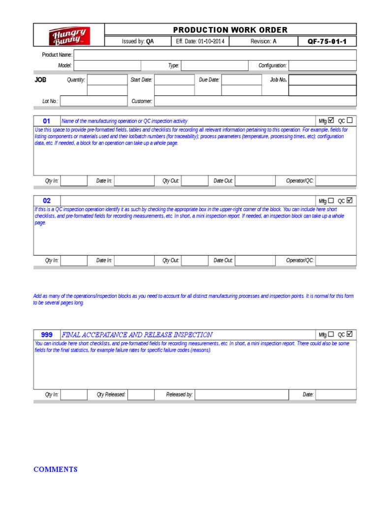 Manufacturing Work Order Form