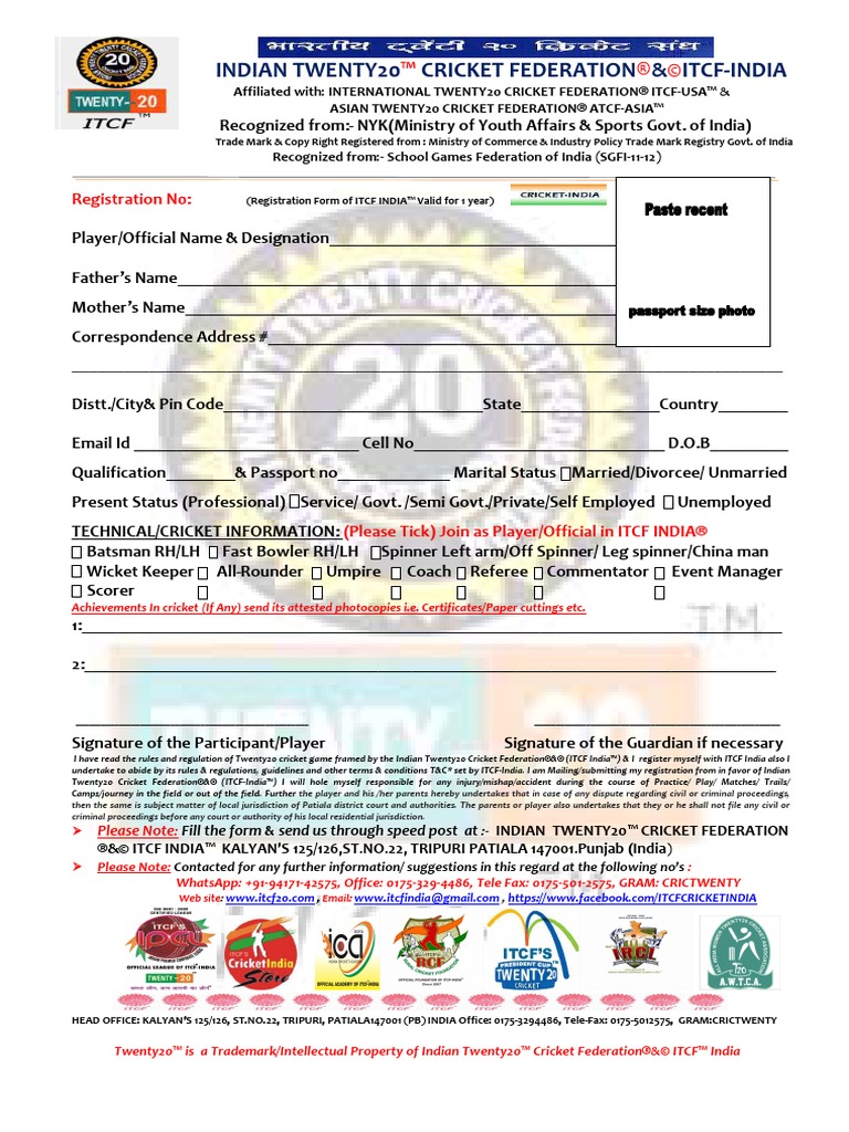 ITCF India Players Registration Form PDF | PDF | Cricket | Referee