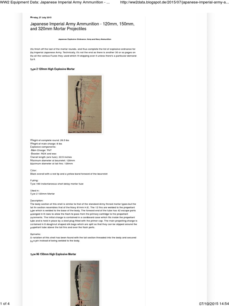 Ammunition Japan 120mm 150mm and 320mm Mortar Projectiles | PDF ...