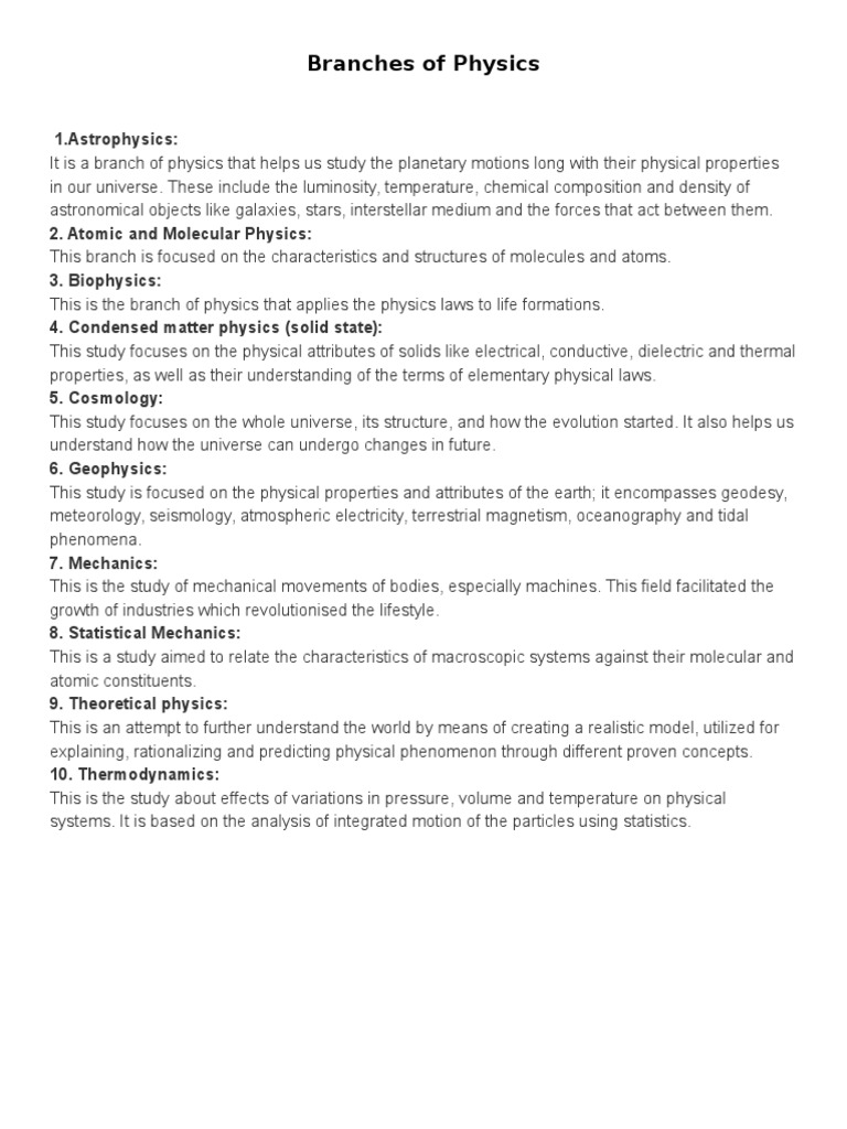 Branches of Physics | PDF | Plasma (Physics) | Matter