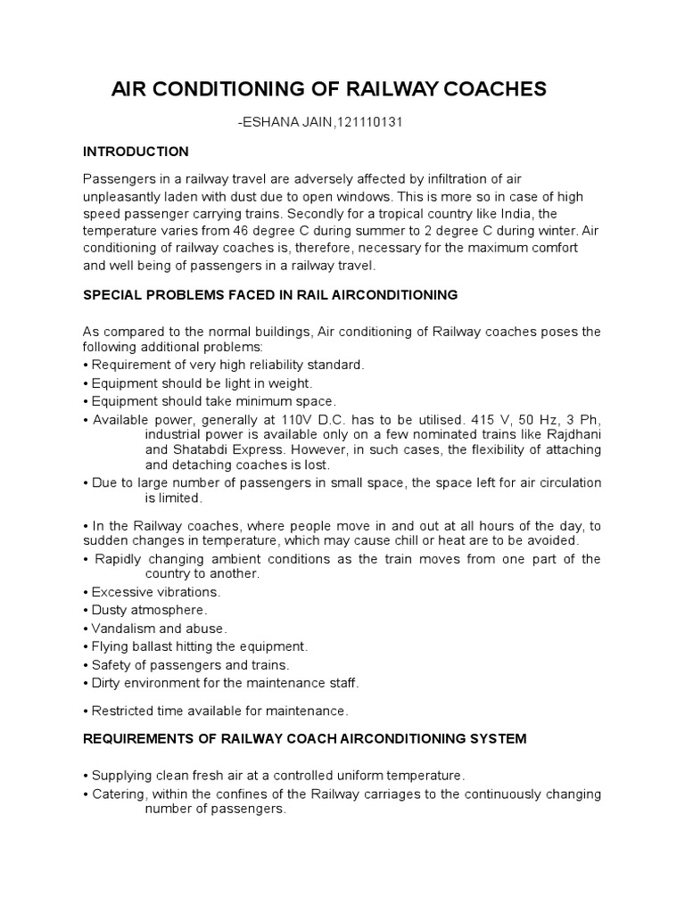 Air Conditioning of Railway Coaches | PDF | Air Conditioning | Hvac