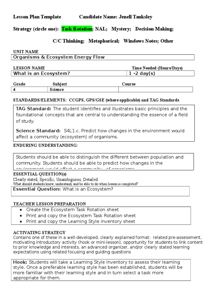 Task Rotation Lesson Plan | PDF | Lesson Plan | Learning Styles