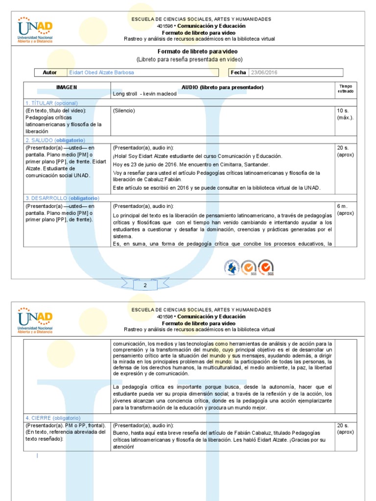 06 - Formato de Libreto para Video | PDF | Pedagogía | Comunicación