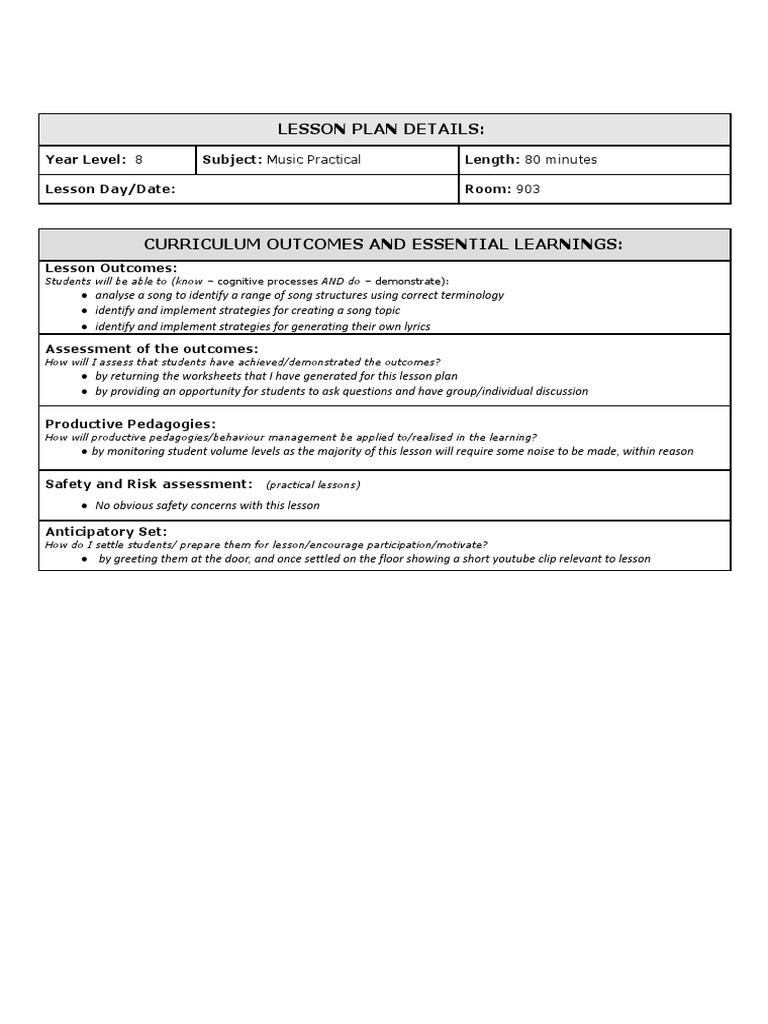 Year 8 Music Practical Lesson Plan | PDF | Lesson Plan | Educational ...