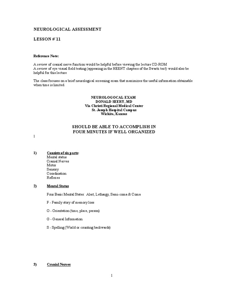 Neurological Screening Exam Guide | PDF | Senses | Nervous System