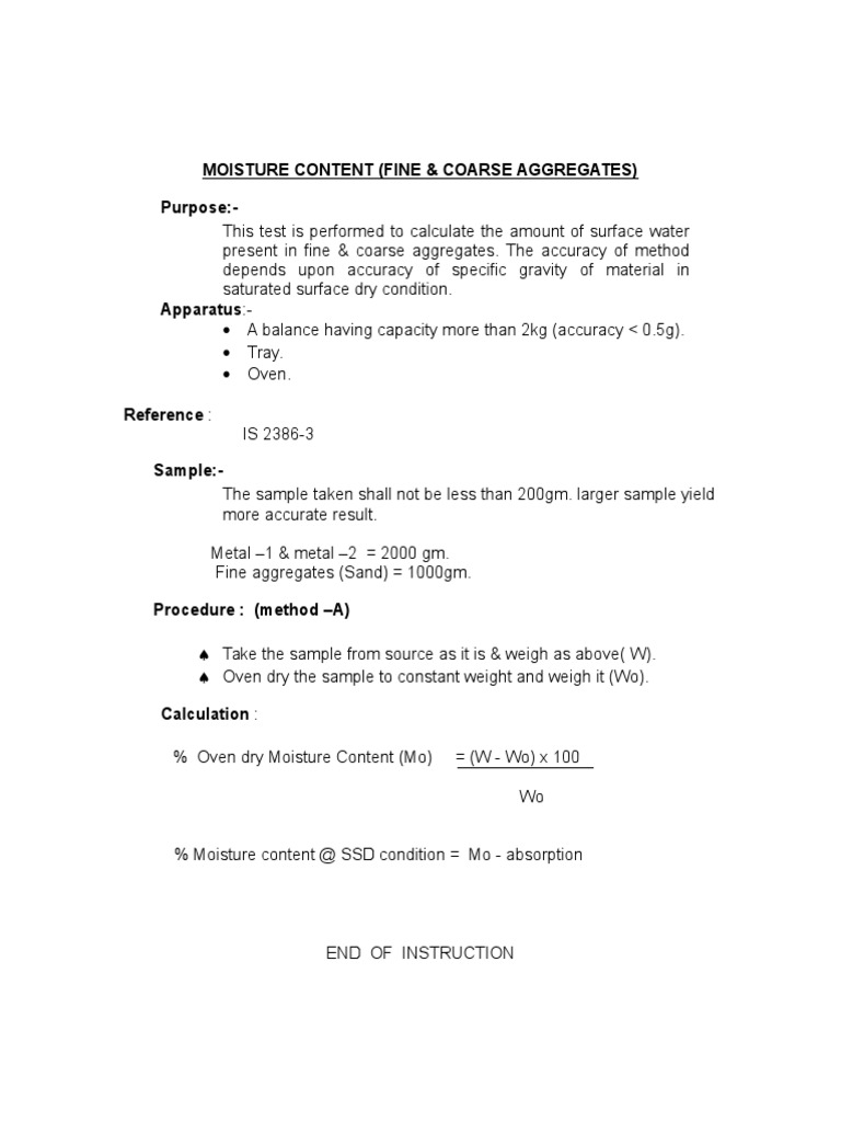 WI 2 Moisture Content of Aggregates | PDF