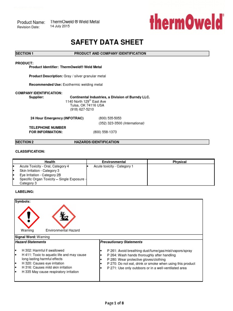 Msds Standard Weld Metal Domestic International | PDF | Dangerous Goods ...