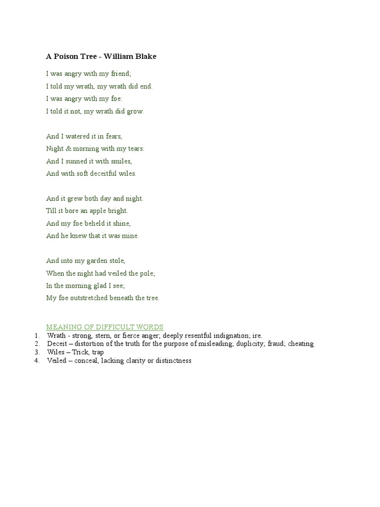 A Poison Tree | PDF | Anger | William Blake