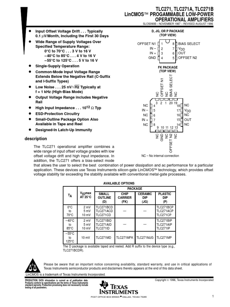 TLC271 | PDF | Amplifier | Operational Amplifier