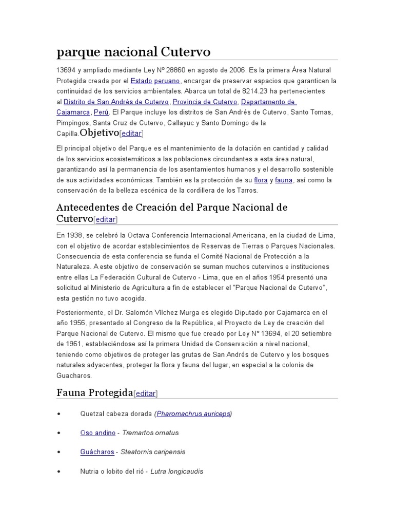 Parque Nacional Cutervo: Biodiversidad y Turismo | PDF | Conservación
