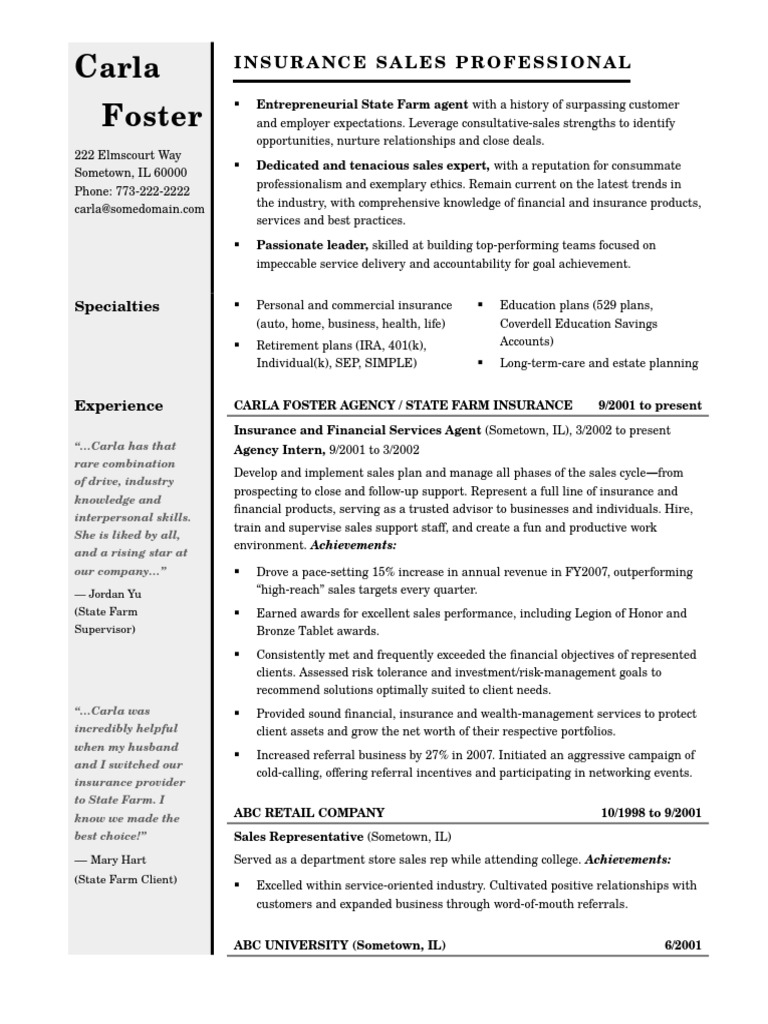 Sample Resume Insurance Sales Agent | PDF | State Farm Insurance | Sales
