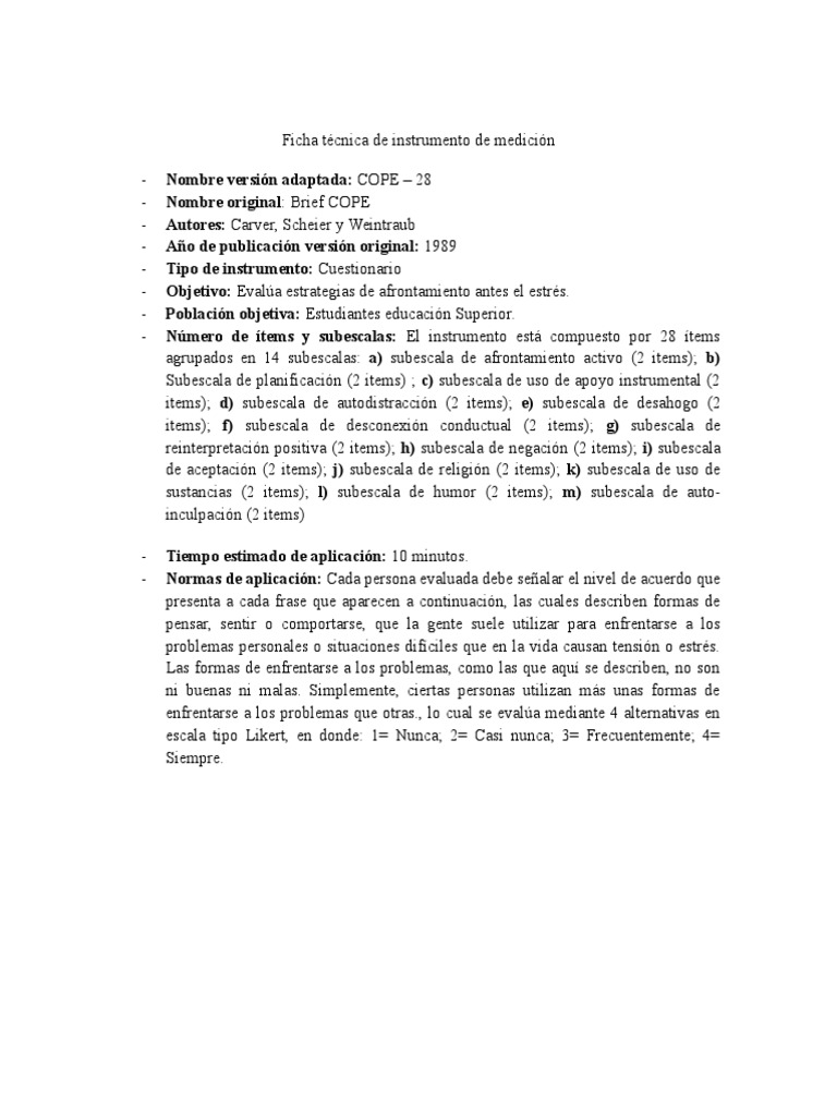 Ficha Técnica del Cuestionario COPE-28 | PDF