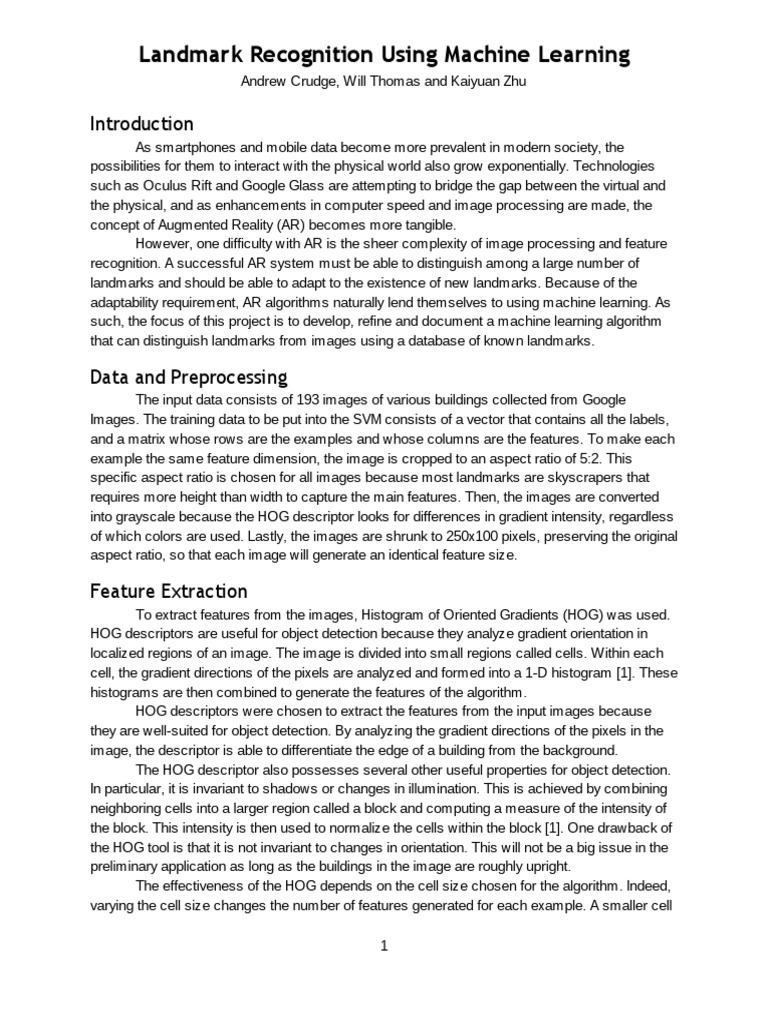 Andrew Crudge, Will Thomas, Kaiyuan Zhu, Landmark Recognition Using ...