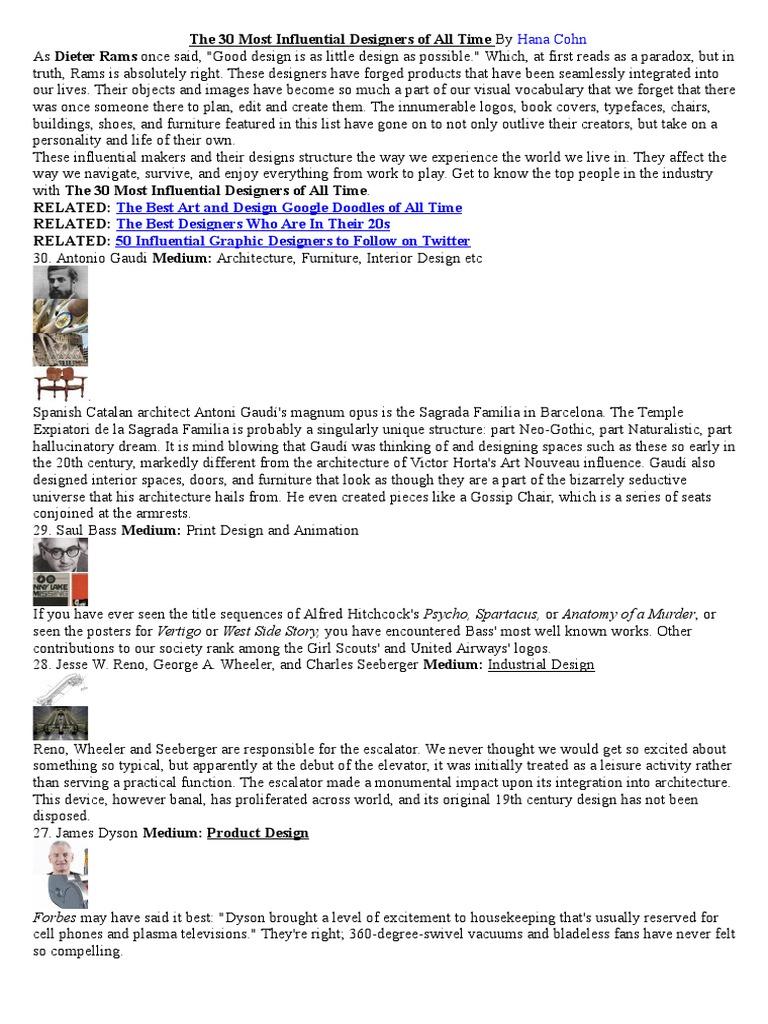 Top 30 Influential Designers Ever | PDF | Art Media | Design
