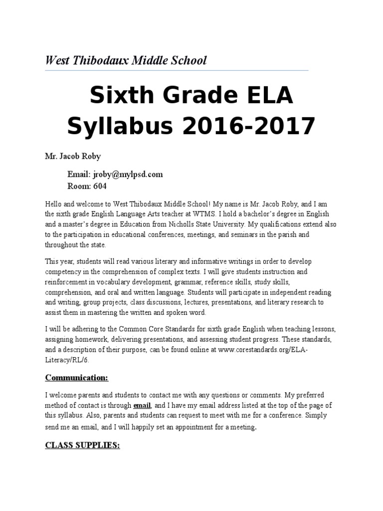 Sixth Grade ELA Syllabus 2016-2017 | PDF | Homework | Reading (Process)