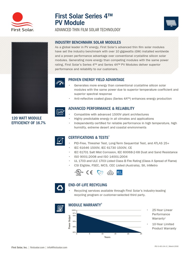 First Solar Series 4V3 Datasheet | PDF | Solar Panel | Thin Film Solar Cell