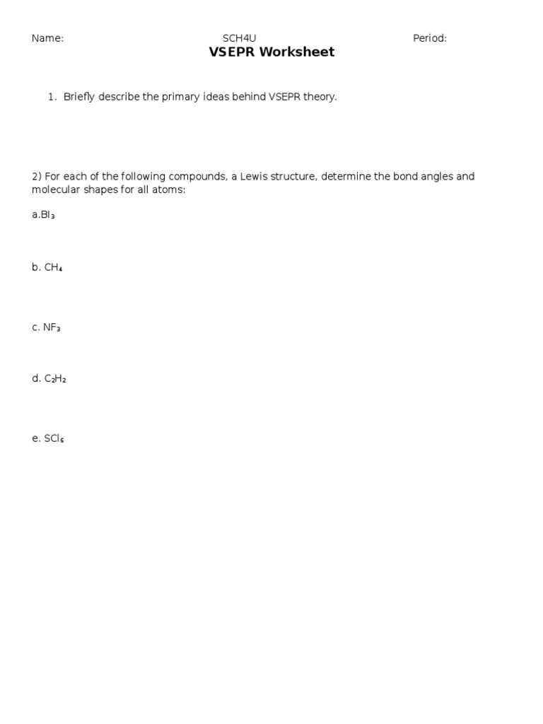 VSEPR Worksheet: Name: Sch4U Period | PDF