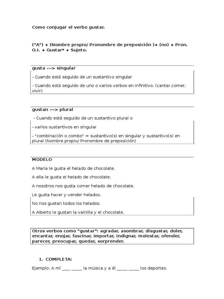 Conjugación del verbo gustar en español | PDF | Sustantivo | Plural