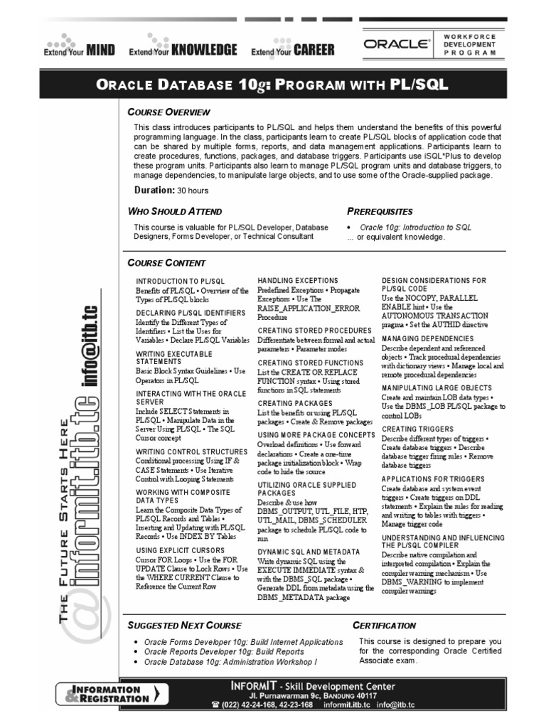 Syllabus Oracle 10g Program With Plsql Pdf Plsql Sql 6002