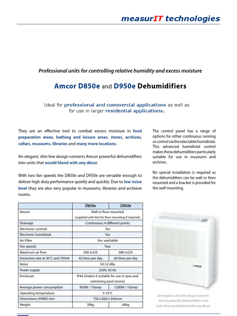 MeasurIT Amcor Dehumidifiers D850 D950 0911 | PDF | Engineering Thermodynamics | Equipment