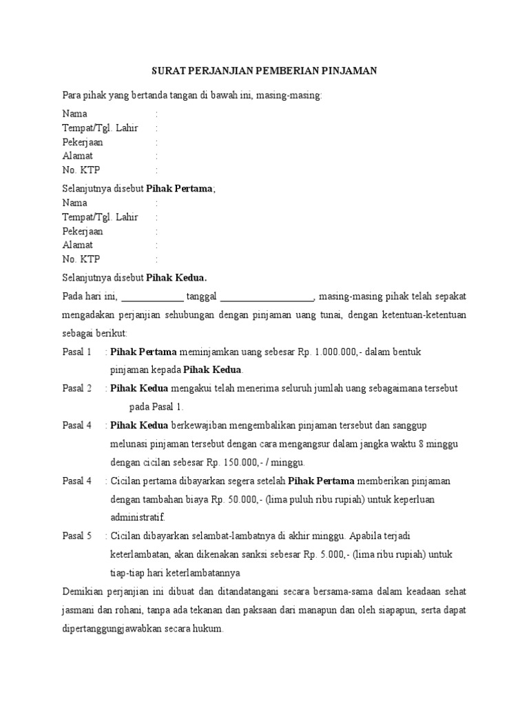 Contoh Surat Perjanjian Pemberian Pinjaman | PDF