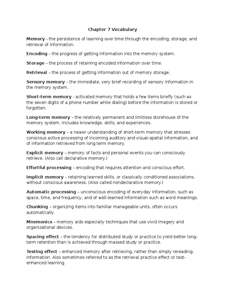 Chapter 7 Vocabulary | PDF | Recall (Memory) | Memory