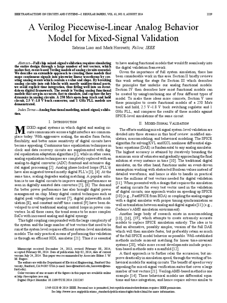 A Verilog Piecewise Linear Analog Behavior Model For Mixed Signal Validation Download Free Pdf 7318