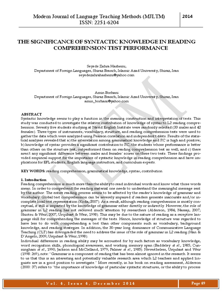 The Significance of Syntactic Knowledge in Reading Comprehension Test ...