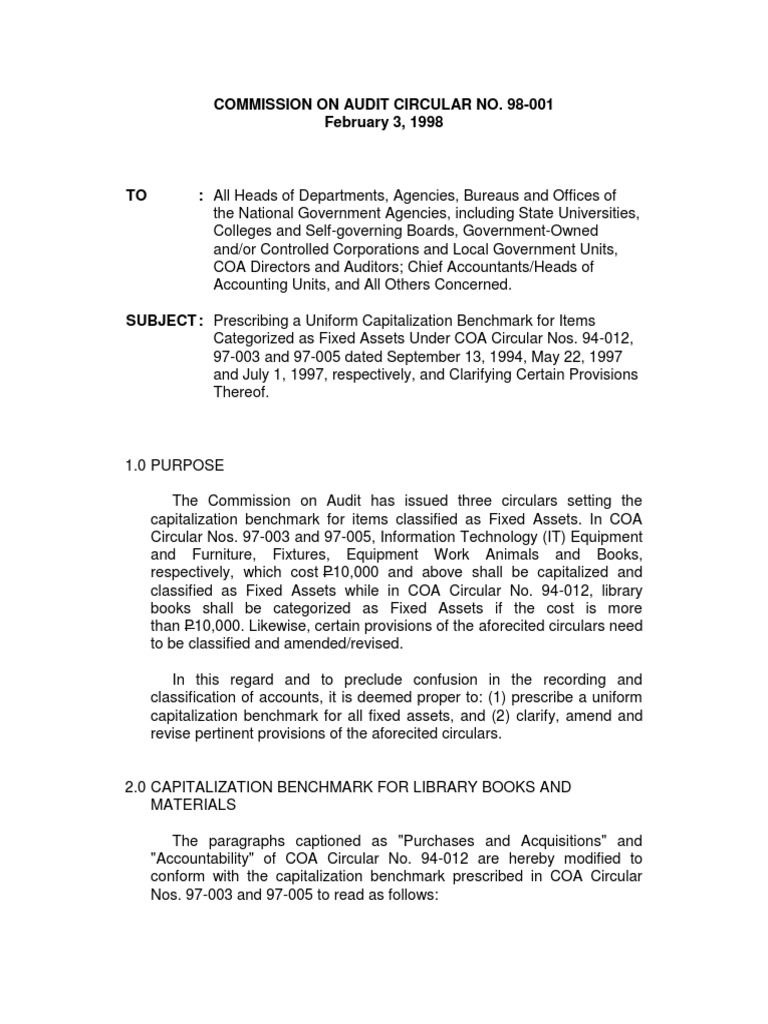 COA Circular 98-001 | Audit | Politics