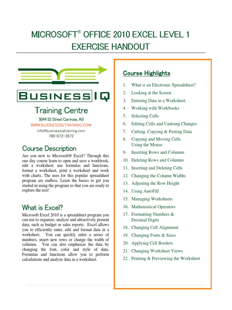 Excel Level 1 Exercise Handout | PDF