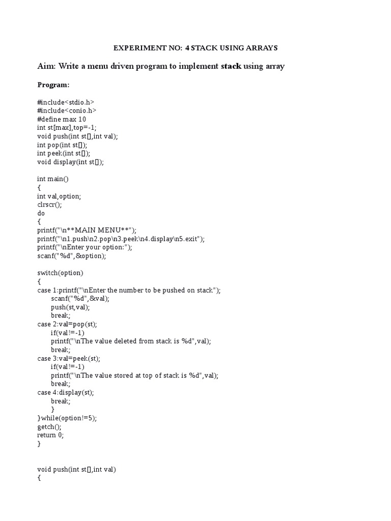 Aim: Write A Menu Driven Program To Implement Stack Using Array | PDF | Computer Programming ...