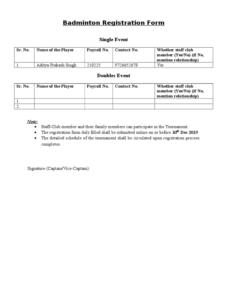 Badminton Registration Form: Single Event | PDF | Finance & Money ...
